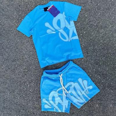 China Custom Logo Applique Embroidery Patches High Street Print Tees T Shirt Trendy Short Sleeve Cotton Tracksuit Short Sets for Men for sale