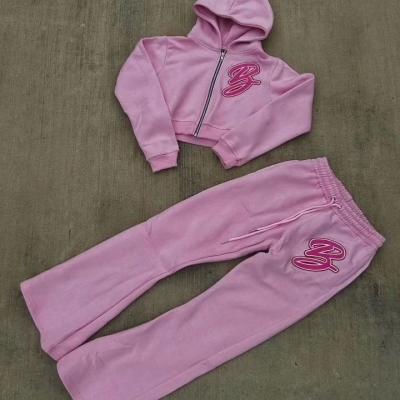 China Custom Manufacturer Jogger 100% Cotton 3d Embroidery Rhinestone Zip up Cropped Hoodie Sweatsuits Women Sweatpants and Hoodie Set for sale