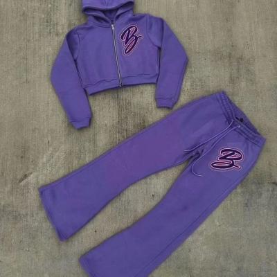 China Custom Manufacturer Jogger 100% Cotton 3d Embroidery Rhinestone Zipper up Cropped Hoodie Jogging Sweatsuits Women Autumn Set for sale