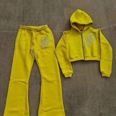 China Custom Jogger 100% Cotton 3d Embroidery Rhinestone Zipper up Cropped Hoodie Jogging Sweatsuits Women Sweatpants and Hoodie Set for sale