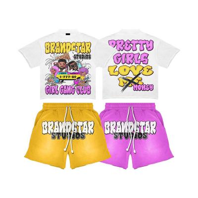China Custom Acid Wash Vintage Short Set Cropped Boxy T Shirts Cotton Streetwear Shorts T-Shirt Dtg Print Crop Tshirt and Shorts Set for sale