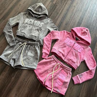 China Women Distress Two Piece Hoodie Set Cotton Fitted Zipper Tracksuit Embroidery Sweatsuits Sun Faded Cropped Hoodie and Shorts Set for sale