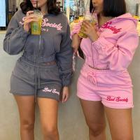 China Custom Puff Print logo Women Two Piece Hoodie Set Cotton Tracksuits Sweatsuits Sun Faded Cropped Hoodie and Short Set for sale