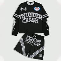 China Custom Long Sleeve Double Layer t Shirt Screen Print Jersey Summer Short Set Stripe Mesh Jersey Boxy Crop Tshirt and Shorts Set for sale