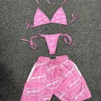 China Custom  Hawaiian 3 Pieces Set Summer Swimwear Beachwear Sexy Underwire Bikini Cover up Set Bikini Women Nylon Shorts Bikini Set for sale