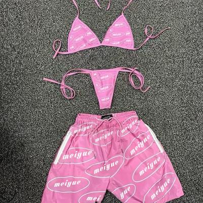 China Custom  Hawaiian 3 Pieces Set Summer Swimwear Beachwear Sexy Underwire Bikini Cover up Set Bikini Women Nylon Shorts Bikini Set for sale
