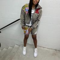 China Custom Distressed Embroidery Patch Hoodie Vintage Acid Wash 2 Piece Women Summer Suits Jogging Cropped Hoodie and Short Set for sale