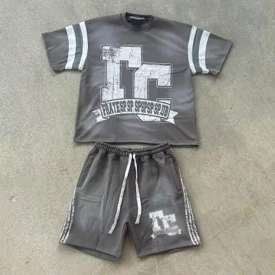 China Clothing Manufacturer Custom Streetwear Summer Graphic 100% Cotton Oversized Acid Wash Shorts and t Shirt 2 Piece Set for Men for sale