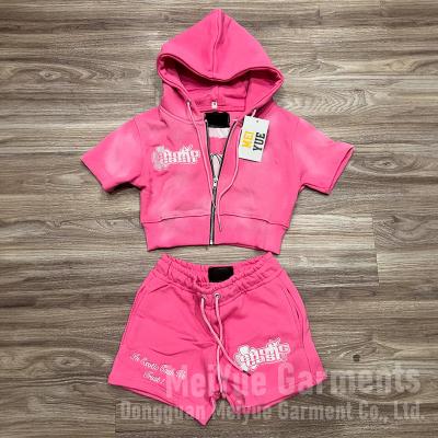 China Custom Cropped Top Acid Washed Vintage Zip up French Terry Zip up Hoodie Women Ladies Jogging Suit Hoodie and Shorts Set for sale
