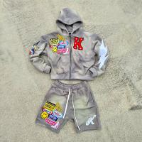 China Custom Distressed Embroidery Patch Hoodie Acid Wash Vintage Zip up Hoodie Cotton Summer Shorts Tracksuits and Jogger Short Set for sale