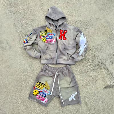 China Custom Distressed Embroidery Patch Hoodie Acid Wash Vintage Zip up Hoodie Cotton Summer Shorts Tracksuits and Jogger Short Set for sale