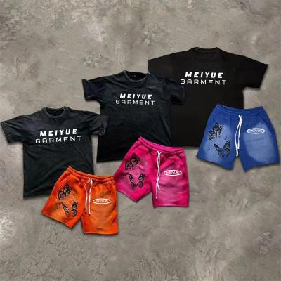 China Custom Streetwear Boxy Heavyweight Two Piece Short Set Screen Printing Tee Distressed Acid Wash Vintage T Shirt and Shorts Set for sale