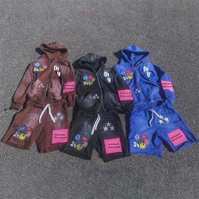 China Custom Zip up Jacket Acid Wash Vintage Zipper Hoodie Sun Faded Shorts Sweatsuits Unisex Sets Zip up Hoodie and Short Jogger Set for sale