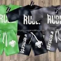 China Summer Applique Embroidered Distressed Patch Hoodie Acid Wash Vintage Tshirt Shorts Set 2 Piece Short Set for Men Custom Logo for sale