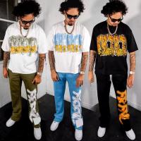 China Screen Print Tshirt Logo Jogger Straight Leg Distressed Embroidery Stacked Flared Sweatpants and T Shirt Men Summer Sets Custom for sale