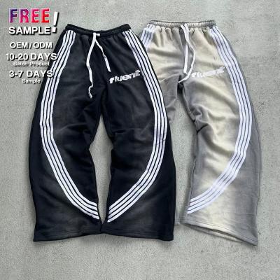 China Oem Custom Embroidery Print Logo 100 Cotton Heavyweight Striped Acid Wash Stacked Flared Sweat Pants Track Pant Sweatpants Men for sale