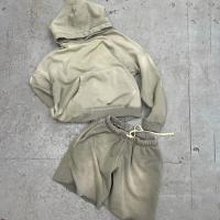 China High Quality Plain Fleece Custom Blank Acid Washed Hoodie and Sweat Raw Hem Shorts Stone Sun Faded Two Piece Set Short Tracksuit for sale