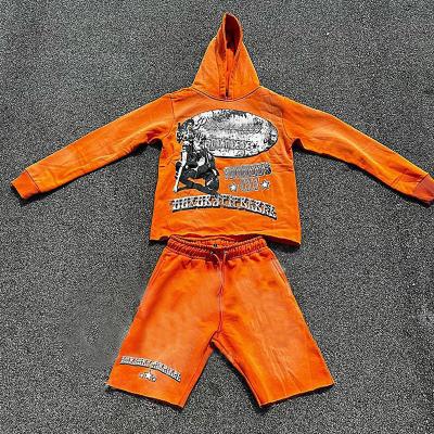 China Custom Vintage Sun Faded Hoodie and Short Sets Tracksuit Raw Hem Jogger Sweatsuit Cut Edge Acid Wash Hoodies and Shorts Set Men for sale