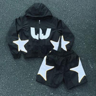 China Custom Two Piece Windbreaker Short Jacket Set Zip up Nylon Polyester Streetwear Men Windbreaker Tracksuit Short Set With Zipper for sale