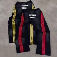 China Custom Flared Baggy Stacked French Terry Striped Mens Wide Leg Acid Wash Applique Embroidery Patches Sweatpants With Stripe for sale