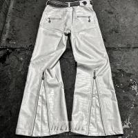 China Custom Leather Flare Wide Leg Sweat Pants Baggy Men Joggers Track Zip up Cargo Streetwear Loose Sweatpants With Zipper Side for sale