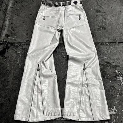 China Custom Leather Flare Wide Leg Sweat Pants Baggy Men Joggers Track Zip up Cargo Streetwear Loose Sweatpants With Zipper Side for sale