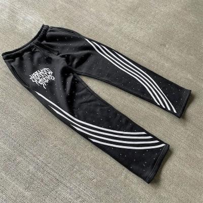 China Custom Rhinestone Acid Stone Wash Stripe Distressed Embroidered Vintage Track Sweat Pant Acid Washed Mens Baggy Sweatpants for sale