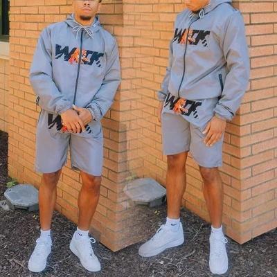 China Custom Embroidery logo Two Piece Set Patchwork Zip up Nylon Polyester Streetwear Tracksuit Men Windbreaker Short Sets for Men for sale