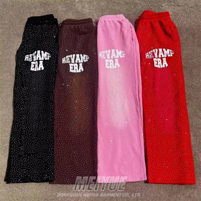 China Custom Rhinestone Sweatpants Vintage Sun Faded Acid Wash Sweatpants Puff Printing for sale