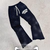 China Custom Rhinestone Streetwear Trousers Vintage French Terry Flare Sweat Pants Jogger Acid Washed Sun Faded Flared Sweatpants Men for sale