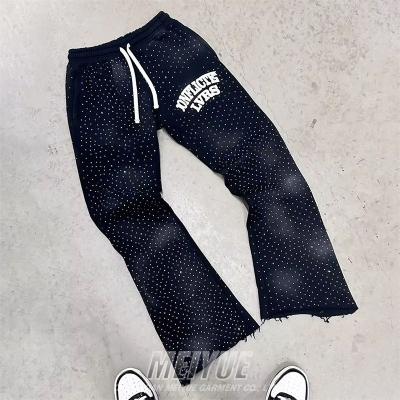 China Custom Rhinestone Streetwear Trousers Vintage French Terry Flare Sweat Pants Jogger Acid Washed Sun Faded Flared Sweatpants Men for sale