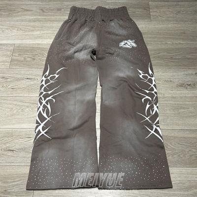 China Custom Vintage Acid Wash Sun Faded Flared Sweat Wide Leg High Waist Track Pants Embroidery Rhinestone Oversized Baggy Sweatpants for sale