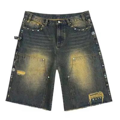 China Custom Distressed Men's Baggy Denim Jorts Vintage Distressed Washed High Waist Rhinestones Skate Shorts High Heavy Quality Jorts for sale