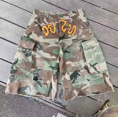 China Custom Manufacturer Streetwear Cut Edge Dtg Print Baggy Oversized Ripped Distressed Camouflage Camo Cargo Shorts for Men for sale