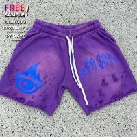 China Custom Shorts Summer Puff Print logo Shorts Acid Washed Rips Distressed Cut Edge Vintage Streetwear Casual Raw Hem Shorts Men for sale