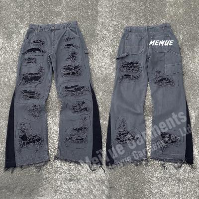 China Custom Mens Joggers Wide Leg Flared Baggy Distressed Stacked Sweatpants Men Casual Sweat Cargo Holey Pants Trousers for Men for sale