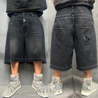 China Custom Jogger Double Layer Embroidery Seven Point Logo Streetwear Distressed Black Acid Washed Denim Jeans Shorts for Men for sale