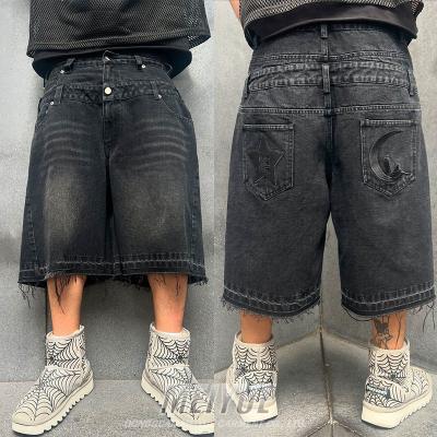 China Custom Jogger Double Layer Embroidery Seven Point Logo Streetwear Distressed Black Acid Washed Denim Jeans Shorts for Men for sale