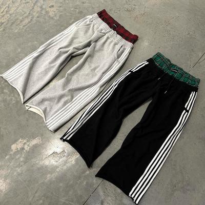 China Custom Embroidery Logo Acid Wash Loose Trousers Wide Leg Faded French Terry Distressed Washed Double Waist Straight Sweatpants for sale