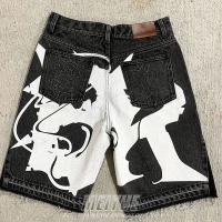 China Custom Jogger Puff Print Applique Embroidery Raw Hem Logo Streetwear Baggy Distressed Black Washed Denim Jeans Shorts for Men for sale