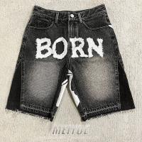 China Custom Applique Embroidery Mens Raw Hem Denim Shorts Baggy Denim Shorts Antistatic for sale