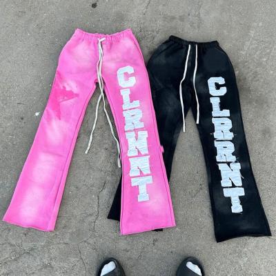 China Custom Logo Bulk Applique Graphic Embroidered Patches Stacked Flare Sweat Pants Acid Wash Mens Jogger Flared Cargo Pants for sale