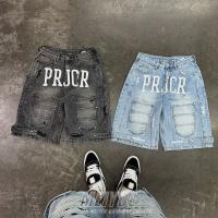 China Custom Embroidery Raw Hem Patches Logo High Quality Streetwear Baggy Distressed Black Washed Denim Jeans Shorts for Men for sale