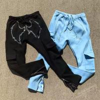 China Custom Jogger Graphic Rhinestone Sweatpants Flared Running Training Jogging Stacked Pocket Side Zipper Stripe Sweat Cargo Pant for sale
