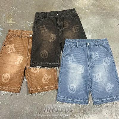 China Custom Denim Print Logo Streetwear Raw Hem Cut Edge Jorts Jogger Sweat Cotton Fleece Distressed Streetwear Acid Wash Shorts for sale