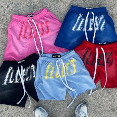 China Custom Logo Silk Screen Print Streetwear Vintage Cotton French Terry Patch Embroidery With Drawstring Acid Wash Men's Shorts for sale
