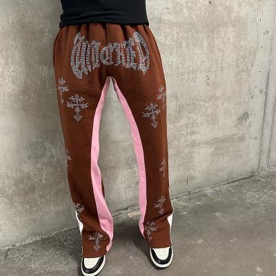 China Custom Rhinestone Logo High Quality French Terry Streetwear Casual Stacked Cargo Puff Print Flared Sweatpants Popular for sale