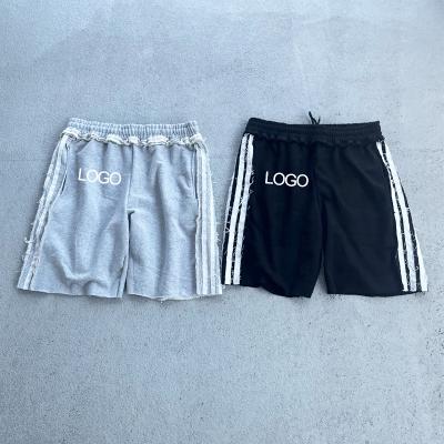 China Custom Print Embroidery Logo Distressed Stripe Raw Hem Vintage Men's Shorts French Terry Cotton Jogging Shorts for sale