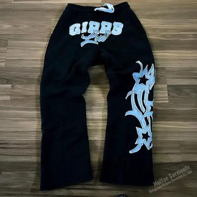 China Mens Graphic Sweatpants Puff Print Logo Heavyweight Embroidered Patch Black Flared Joggers for sale