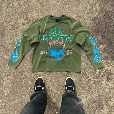 China Custom Print Logo Graphic Tee Top Screen Printed Heavy Cotton Double Layer Streetwear Vintage Long Sleeve T-shirts for Men for sale